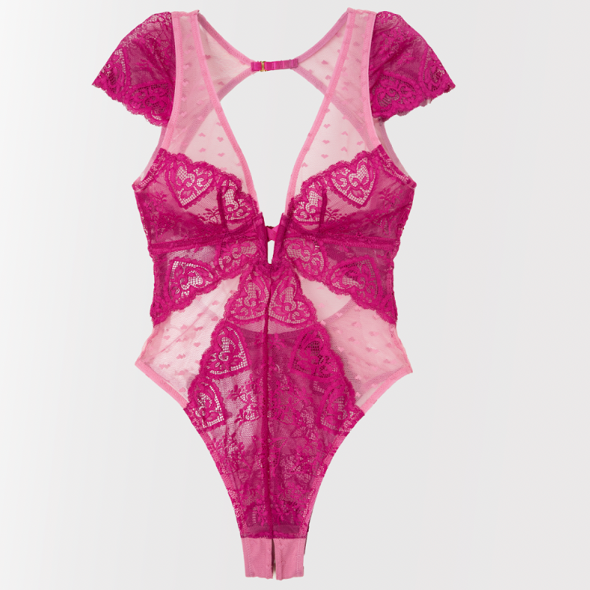 Lace & Mesh High Leg Teddy - Fuchsia | Mentionables