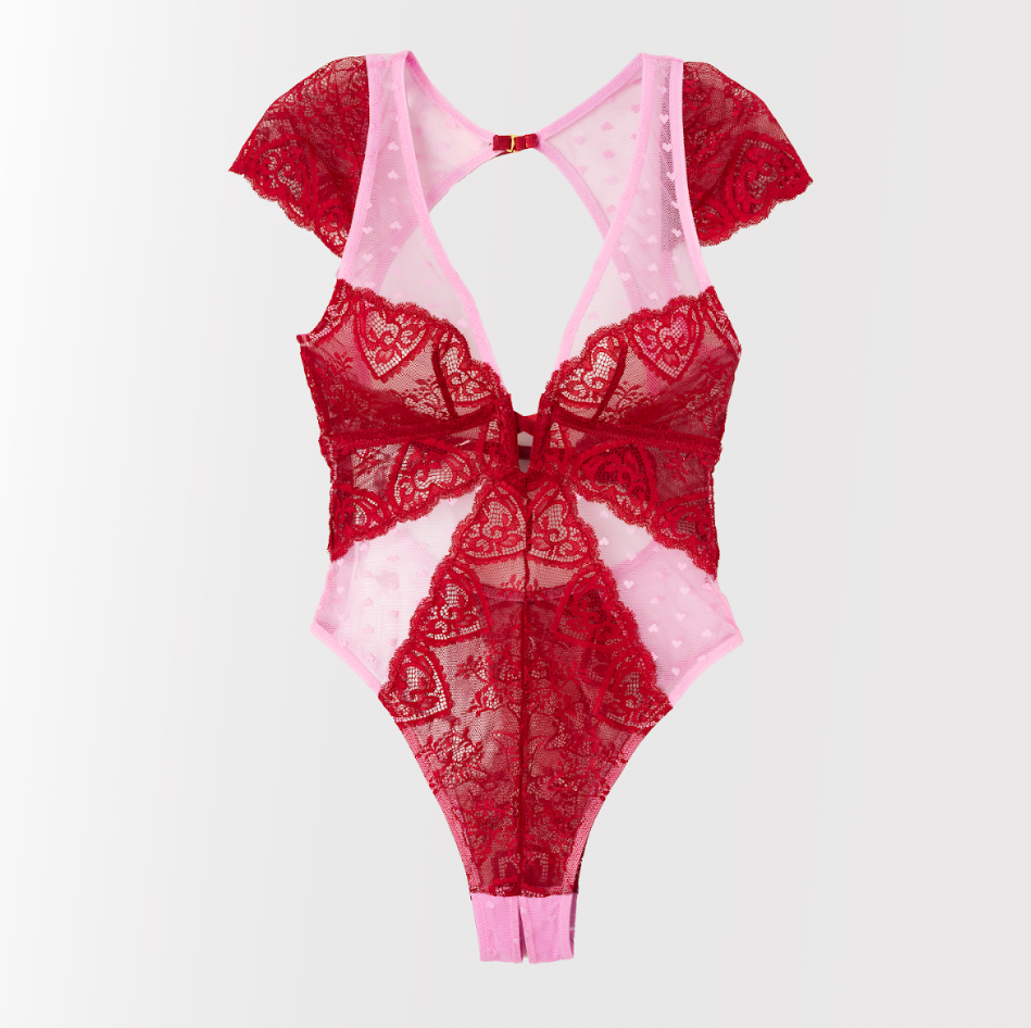 Lace & Mesh High Leg Teddy - Red | Mentionables